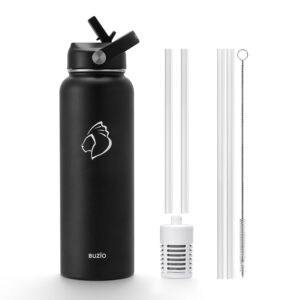 buzio filtered water bottle 40oz, vacuum insulated water bottle with carbon filter for travel, leak-proof bpa free, wide mouth water flask keeps cold for 48h, hot for 24 h, black