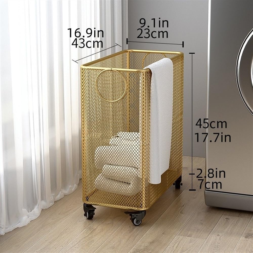 Laundry Hamper with Handles & Rolling Wheels, Metal Laundry Basket with Wheels, Light Luxury Style Laundry Hamper, for Bathroom,Laundry Room（Size:16.9 * 9.1 * 17.7in） (Color : Gold)