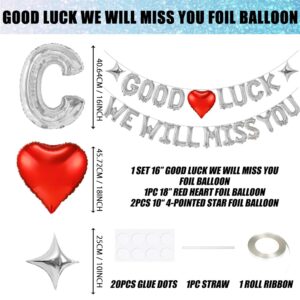 Good Luck We Will Miss You Silver Letter Balloons, Big 16 Inch Foil Balloons with Star&Red Heart Farewell Party Decorations for Retirement Coworker Leaving Going Away Goodbye Graduation Party Decor