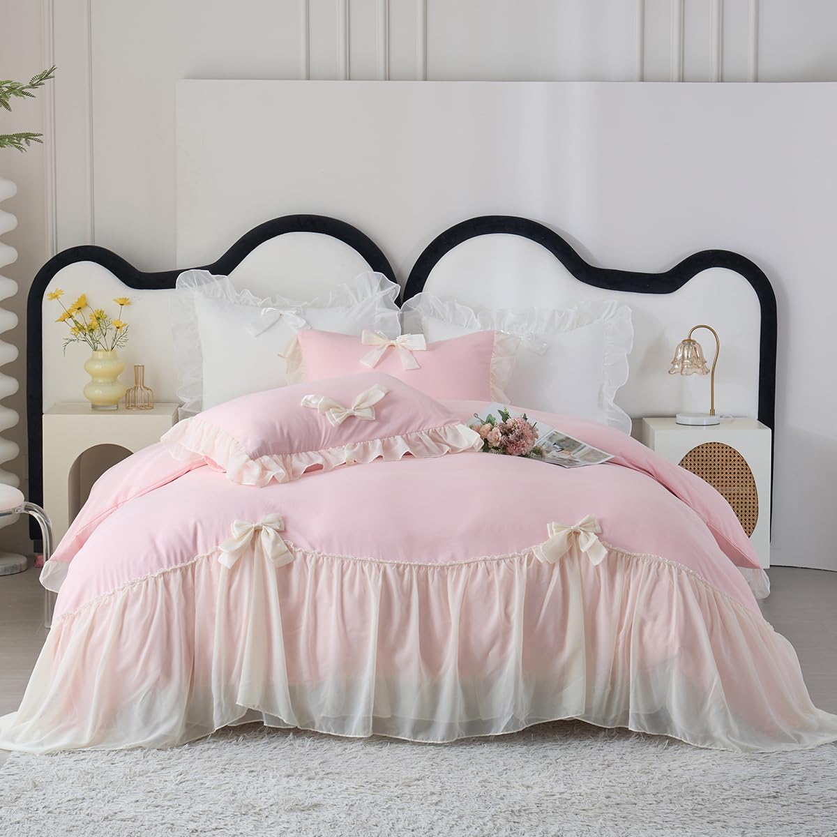 IHOUSTRIY Duvet Cover Queen Size, Ruffle Beddding Set with Bowtie, 3 Pieces Comforter Cover Set with Zipper Closure, Girl Princess Bedding with Pillowcase - Light Pink, Queen