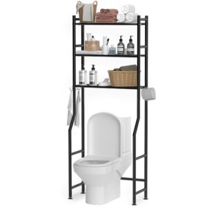 glotika 3-tier over the toilet storage, space saver metal bathroom shelves, freestanding above over toilet storage shelf with 4 hooks for bathroom, black