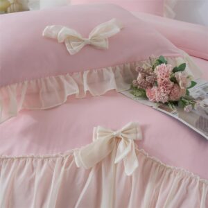 IHOUSTRIY Duvet Cover Queen Size, Ruffle Beddding Set with Bowtie, 3 Pieces Comforter Cover Set with Zipper Closure, Girl Princess Bedding with Pillowcase - Light Pink, Queen