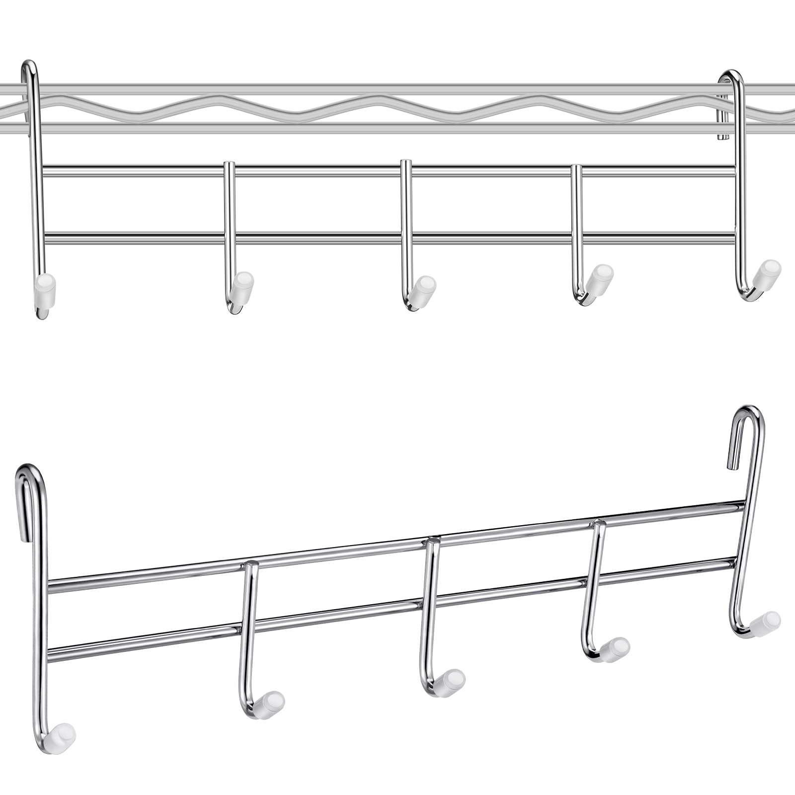 CroBlissful 2 Pcs 5 Hook Attachment for Wire Shelving 1.5 x 12 x 4 Inch Hanging Hooks Rack Wire Chrome Plated Steel Shelf Accessories Metal Hook Bars for Storage Display Organizer(Silver)