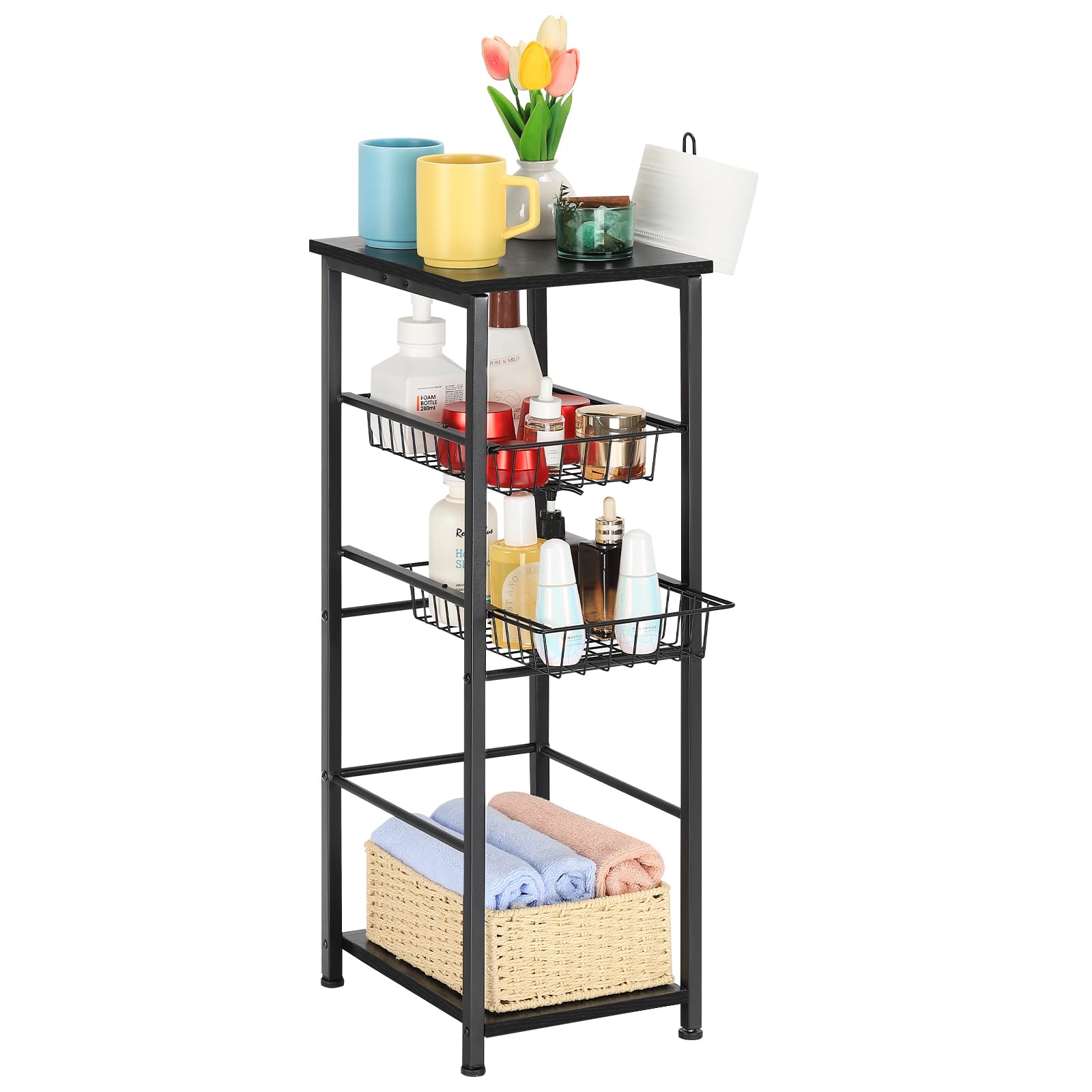 SZJUANWANG Freestanding Bathroom Shelf Toilet Paper Storage Cabinet Bathroom Storage Shelf Stand 4 Tier Open Shelving Unit Towel Storage Organizer for Bathroom Living Room Pantry Black