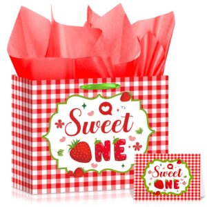 strawberry 1st birthday gift bag red berry birthday decorations large sweet one birthday wrapping bag with tissue paper and greeting card for girl baby shower berry first birthday party supplies