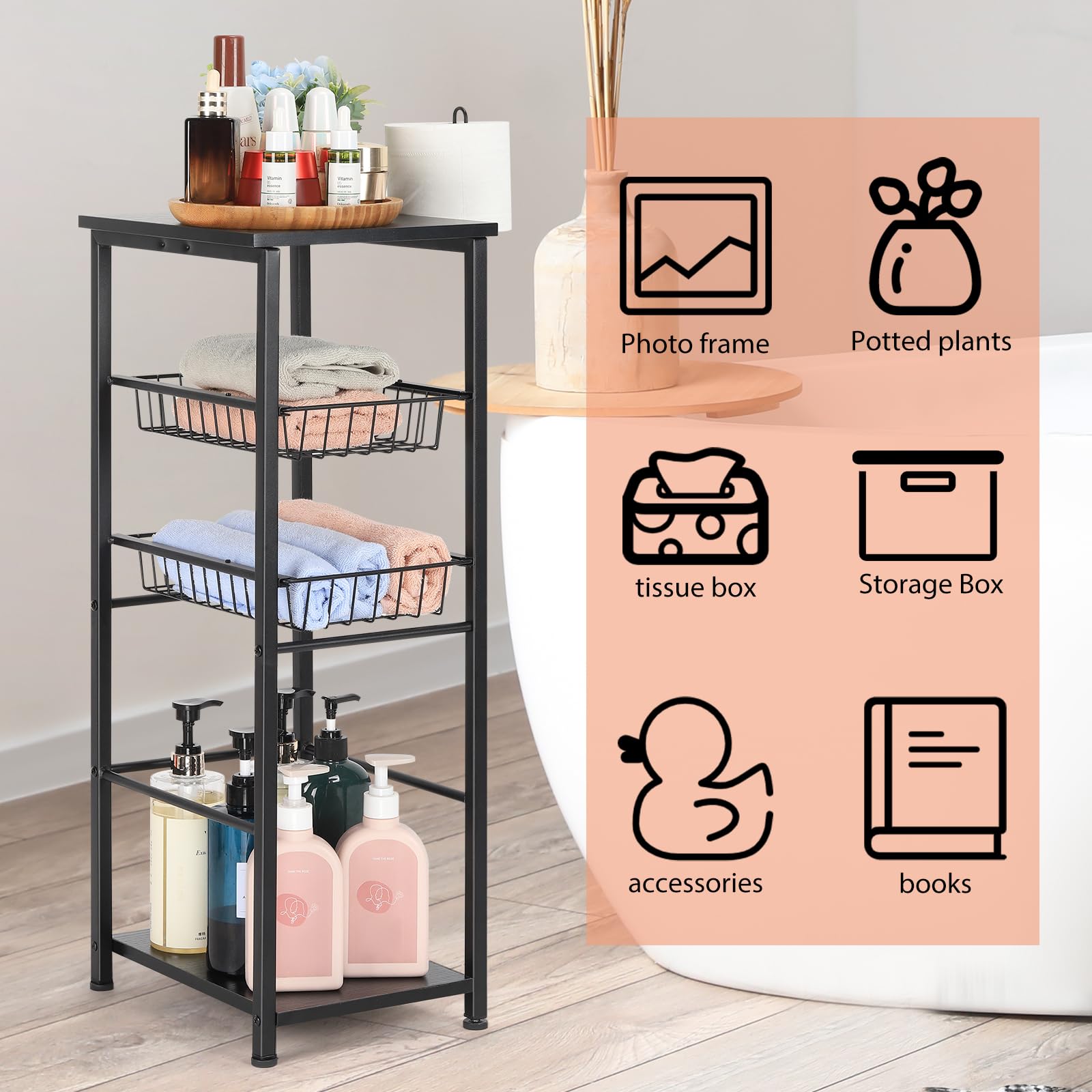 SZJUANWANG Freestanding Bathroom Shelf Toilet Paper Storage Cabinet Bathroom Storage Shelf Stand 4 Tier Open Shelving Unit Towel Storage Organizer for Bathroom Living Room Pantry Black