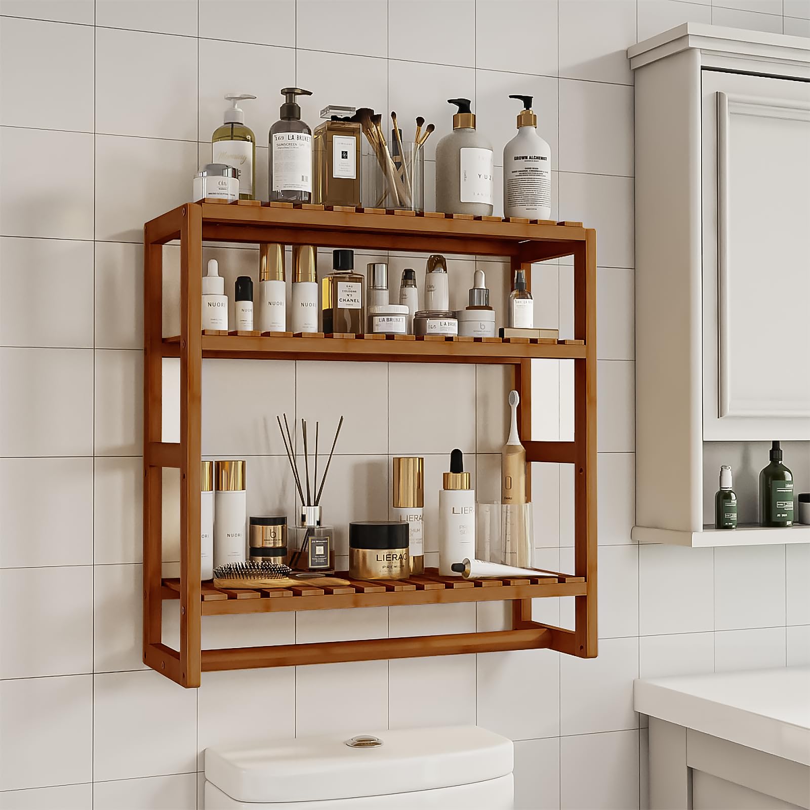 Galood Over The Toilet Storage Bathroom Organizers and Storage Shelves Adjustable 3 Tiers Floating Shelves for Wall Mounted Shelves with Hanging Rod (Brown)