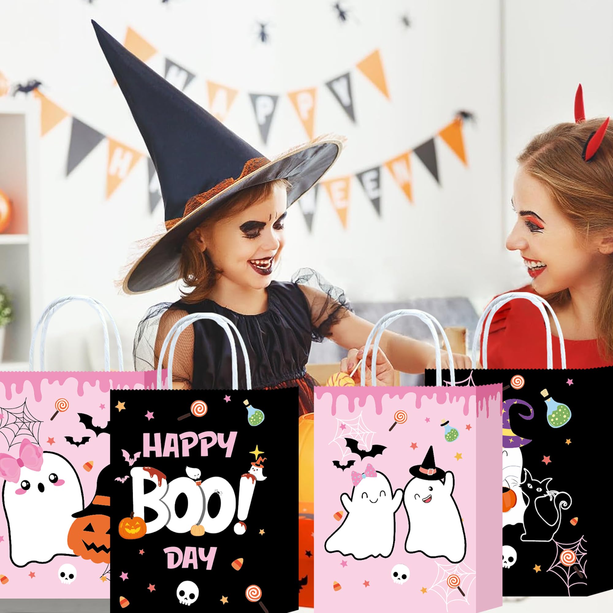 Keioy Halloween Paper Gift Bags 24 Pack, Halloween Themed Treat Bags with 4 Unique Designs (6 Pcs Each) for Happy Boo Day, Pumpkin Gifts, Ghost Party Favors, Perfect Halloween Goody Bags for Parties