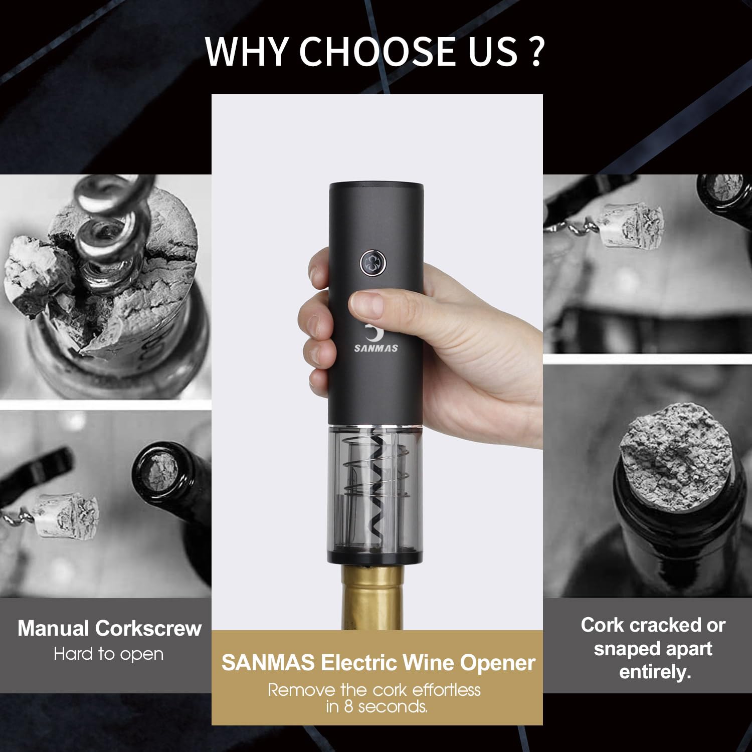 SANMAS Electric Wine Bottle Opener Set, Rechargable Automatic Corkscrew Opener with Foil Cutter Wine Stopper Vacuum Wine Aerator Pourer for Wine Lover Gift