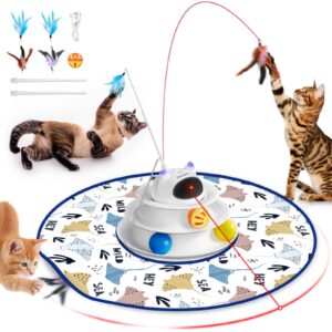 interactive cat toy: 5 in 1 automatic cat toy for indoor cats, rechargeable hide and seek toy with pvc cover, battery operated kitten laser toy, self play fluttering feather wand with track ball