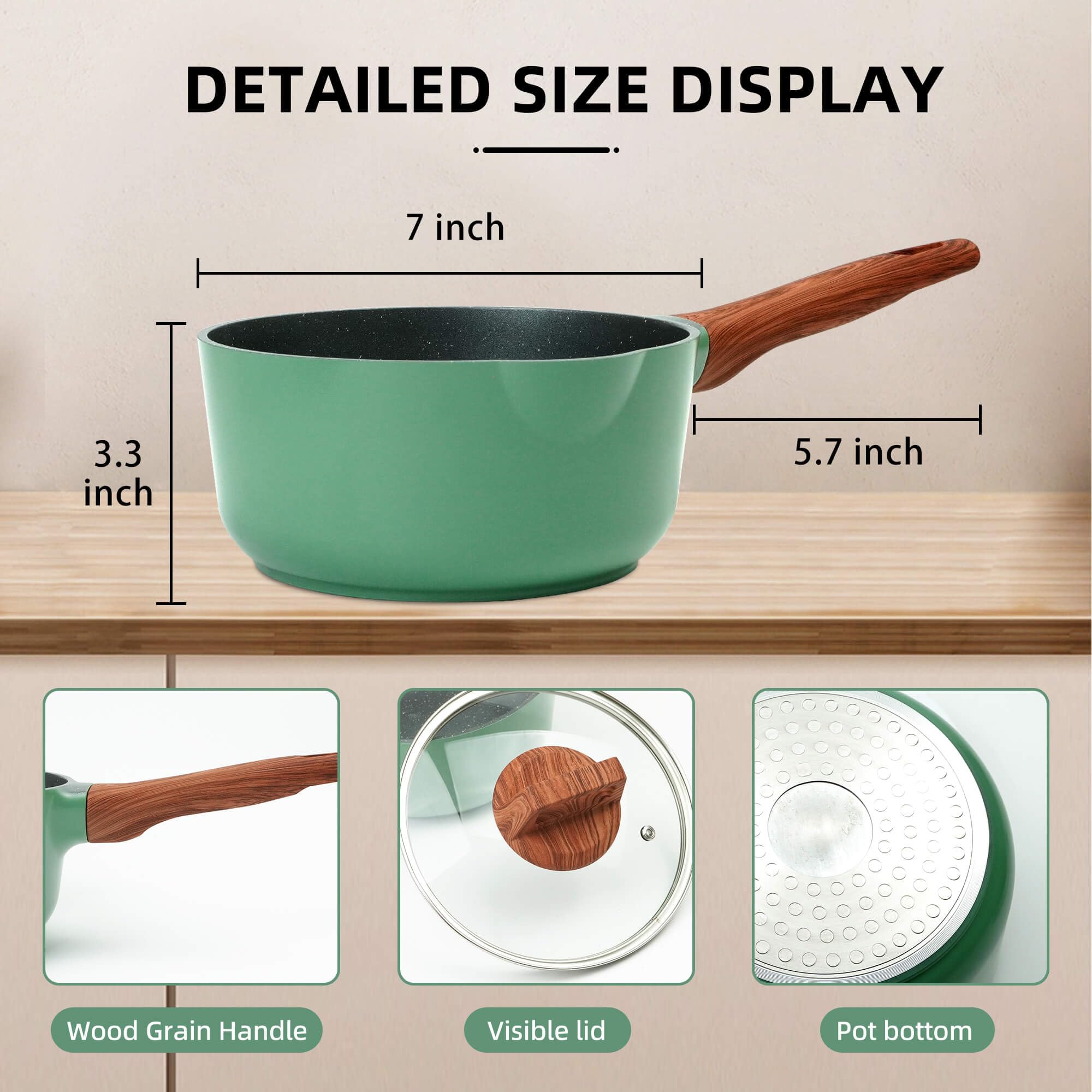 2 Quart Sauce Pan with Lid, Non Stick Saucepan Pot for Cooking with Pour Spout and Handle for Stove,Induction,Gas,Non Toxic,PFOA Free (Granite, green)