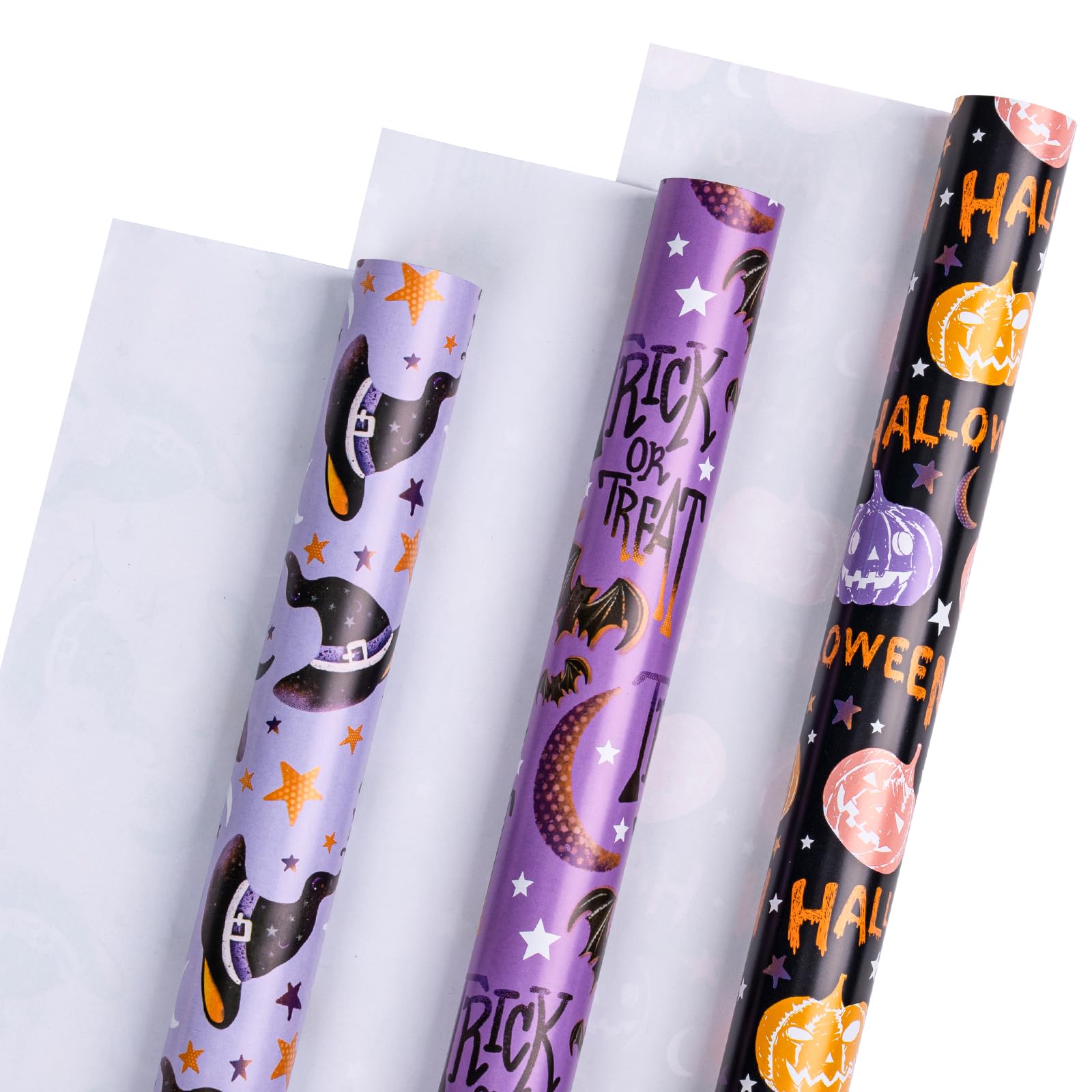 RUSPEPA Halloween Wrapping Paper Rolls - Mini Roll - Perfect for Halloween, Autumn, Holiday - 17 inches x 10 feet per Roll, Total of 3 Rolls - Bat, Pumpkin, Witch Hat