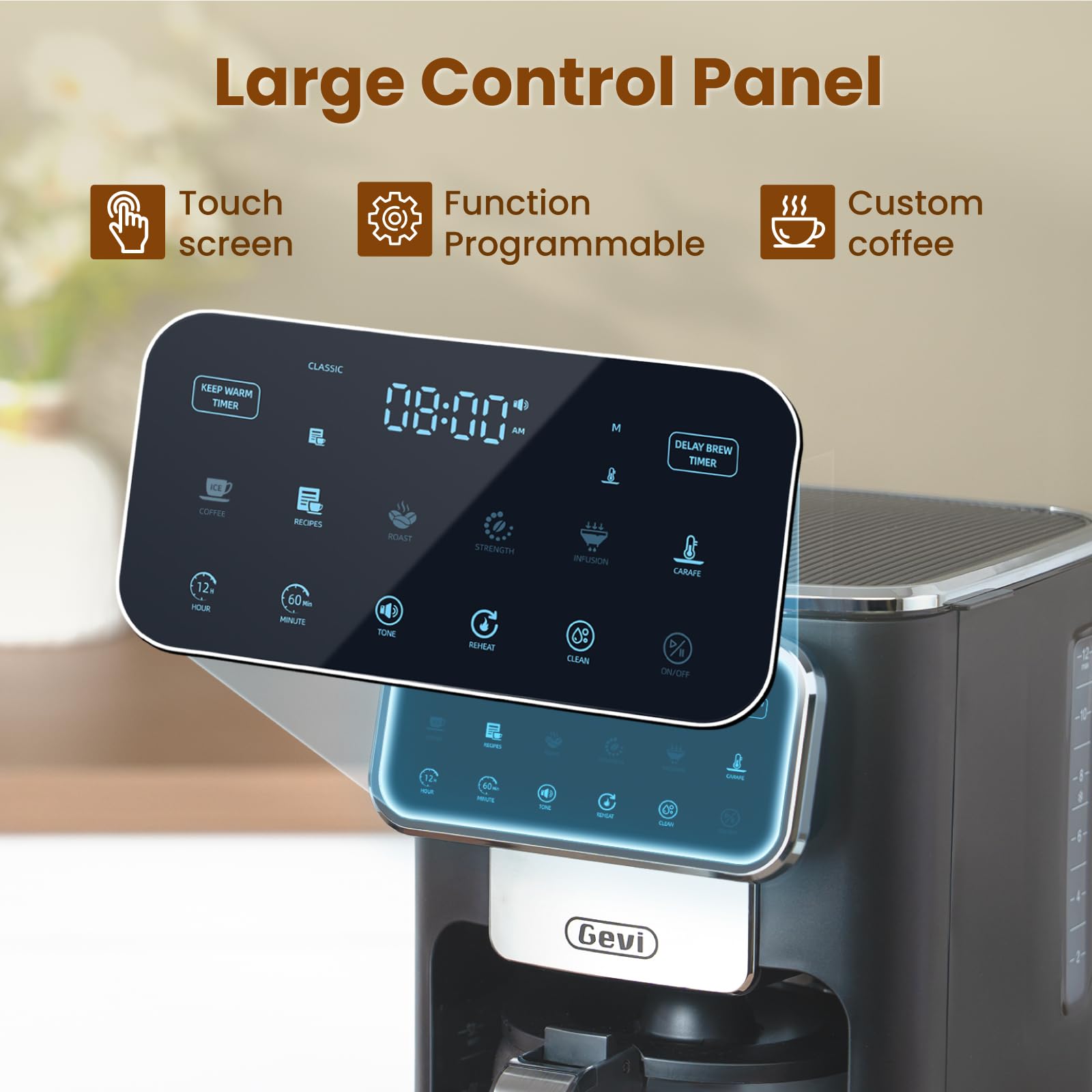 Gevi 12 Cup Programmable Drip Coffee Maker with Touch Screen, Fast and Strong Brew, Auto Shut-Off, 4-Hour Keep Warm Plate, Iced Coffee Option, Anti-Drip System, Permanent Filter