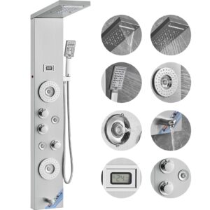 vevor shower panel system, 6 shower modes, led & display shower panel tower, rainfall, waterfall, 4 body massage jets, tub spout, handheld shower head 59" hose, stainless steel wall-mounted shower set