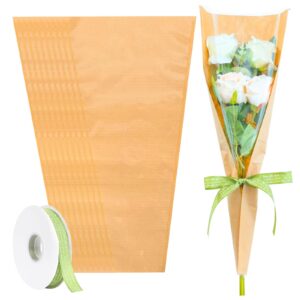 vocaon 50pcs flower bouquet wrapping paper with ribbon, kraft packing sleeves for bouquets clear floral wrapping bags bulk for graduation anniversary wedding birthday gift 17.9x9.8x3.9 inches