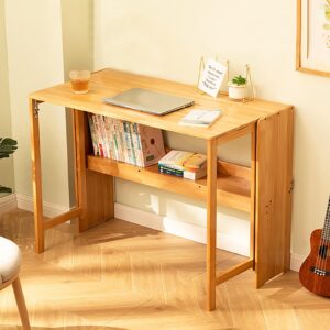 trueyessence folding desk, small computer table with bookshelf writing desk laptop desk vanity table bamboo workstation for home office wood color