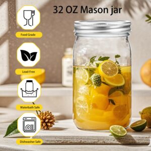 Ltzmcmy Mason Jars 32 oz,12 Pack Quart Mason Jars Wide Mouth With Lids,32oz Glass Canning Jars for Centerpieces,Food Storage,Meal Prep,Overnight Oats,Fermenting