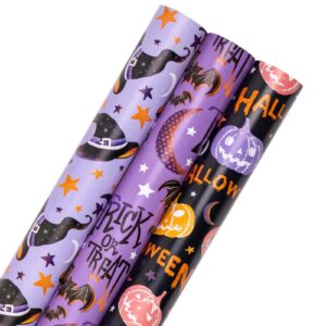 ruspepa halloween wrapping paper rolls - mini roll - perfect for halloween, autumn, holiday - 17 inches x 10 feet per roll, total of 3 rolls - bat, pumpkin, witch hat