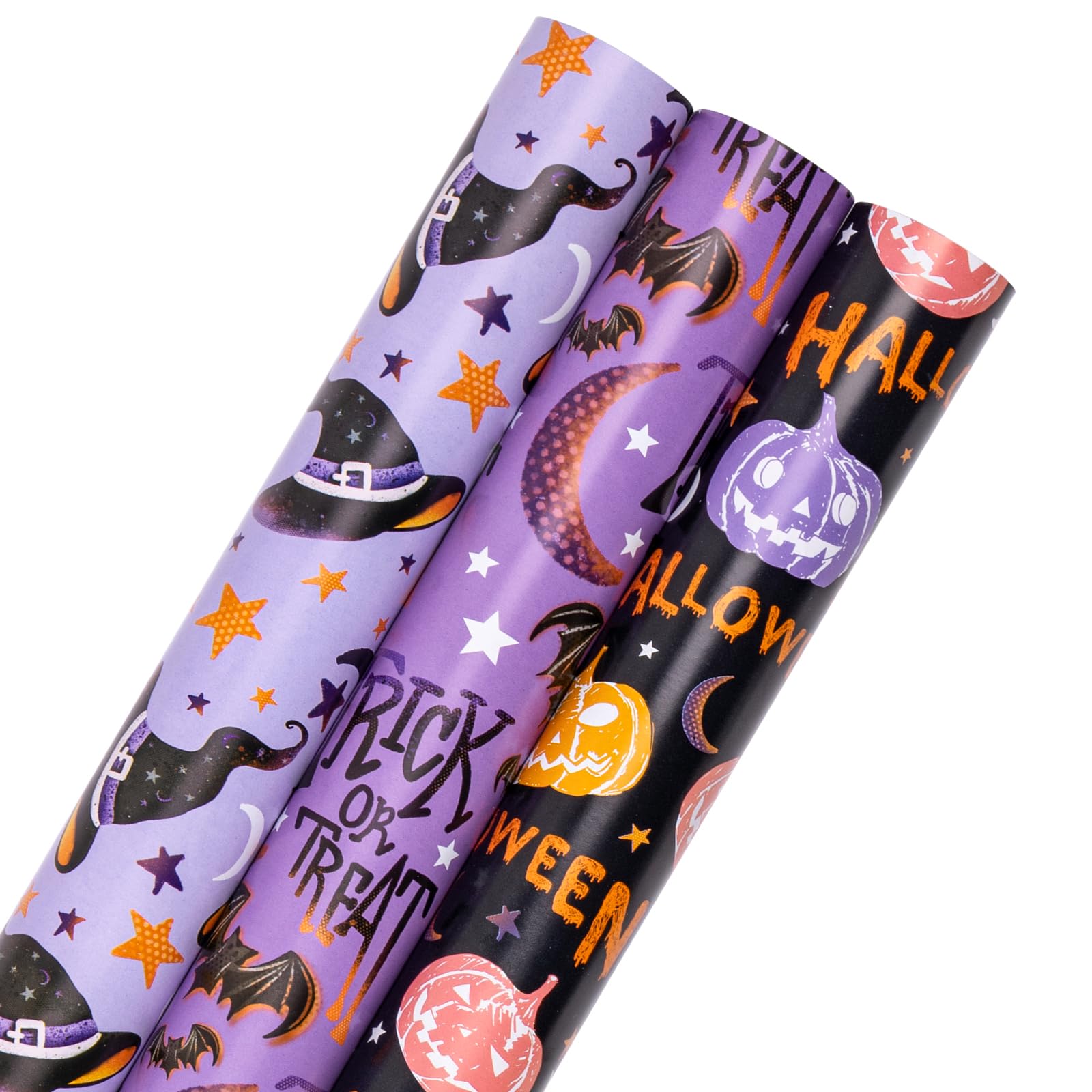 RUSPEPA Halloween Wrapping Paper Rolls - Mini Roll - Perfect for Halloween, Autumn, Holiday - 17 inches x 10 feet per Roll, Total of 3 Rolls - Bat, Pumpkin, Witch Hat