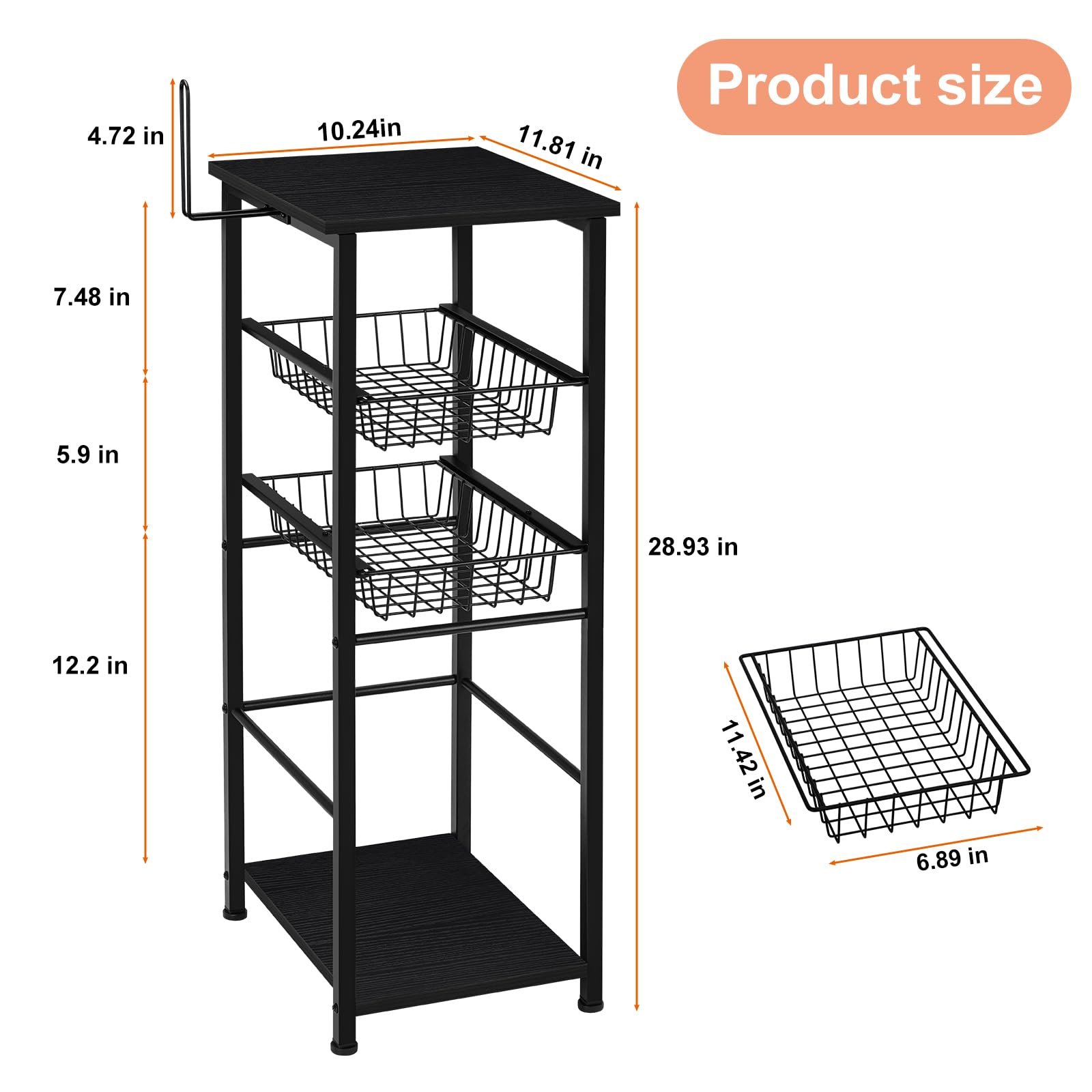 SZJUANWANG Freestanding Bathroom Shelf Toilet Paper Storage Cabinet Bathroom Storage Shelf Stand 4 Tier Open Shelving Unit Towel Storage Organizer for Bathroom Living Room Pantry Black