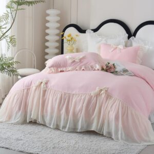 ihoustriy duvet cover queen size, ruffle beddding set with bowtie, 3 pieces comforter cover set with zipper closure, girl princess bedding with pillowcase - light pink, queen