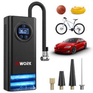 hiwork air compressor, tire inflator portable air pump 150 psi for car tires bikes balls balloons and other inflatables with digital gauge cordless electric inflator rechargeable 4000 mah battery