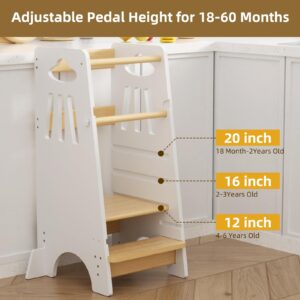 XJD Toddler Standing Tower Adjustable Height Thickened Toddler Wooden Kitchen Stool Helper - Ideal Kids Kitchen Step Stool for Learning New Skills Safety Feet (Nature)