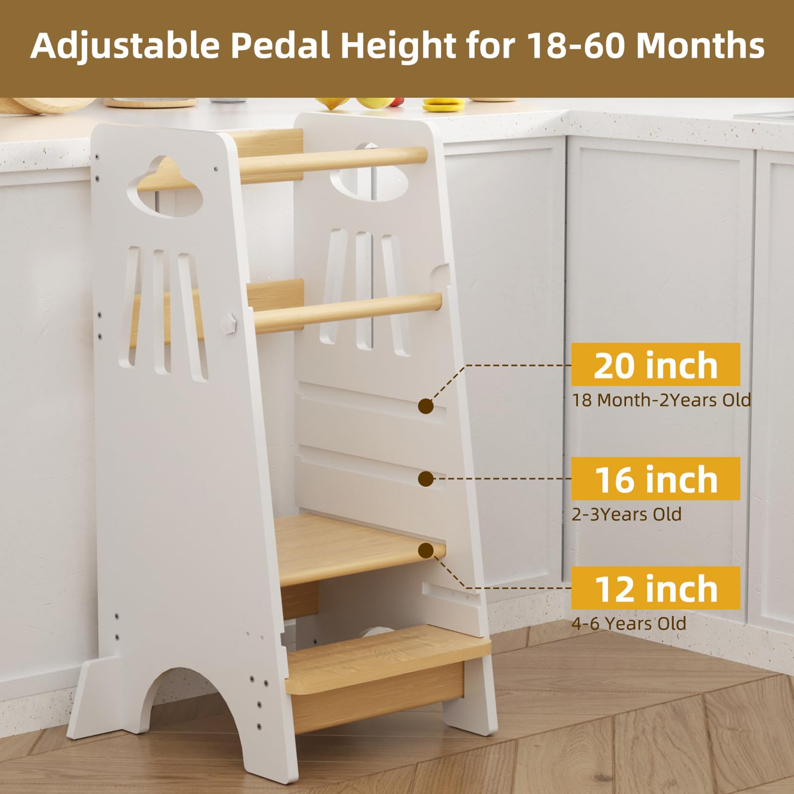 XJD Toddler Standing Tower Adjustable Height Thickened Toddler Wooden Kitchen Stool Helper - Ideal Kids Kitchen Step Stool for Learning New Skills Safety Feet (Nature)