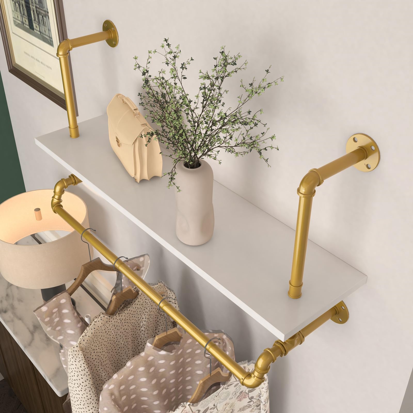 HOMEKAYT Industrial Pipe Clothing Rack Wall Mounted Gold Clothes Rack with Wooden Shelf Vintage Hanging Rack for Bedroom, Living room