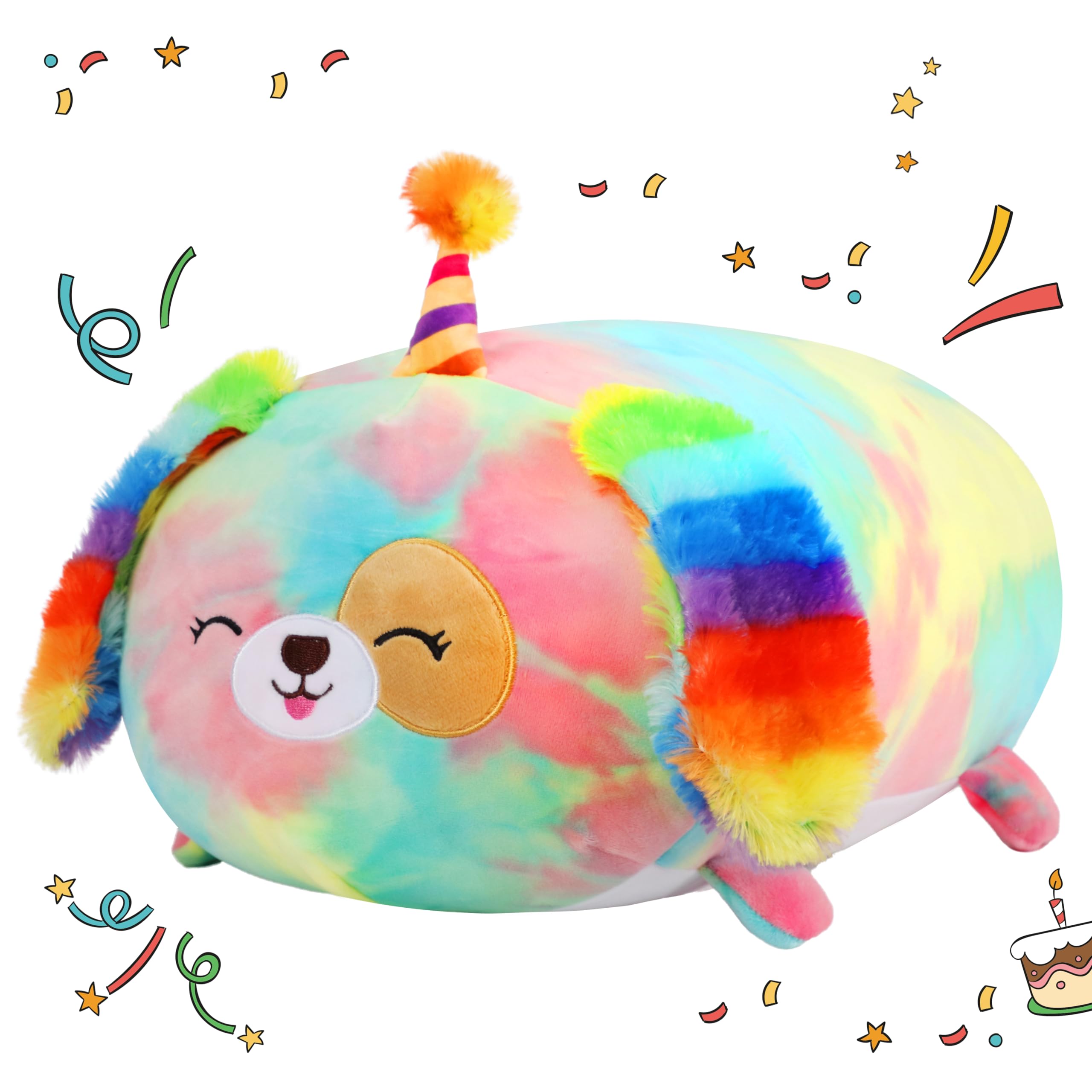 Easfan Rainbow Birthday Dog Plush Body Pillow Puppy Soft Toy Stuffed Animals, Birthday Gifts for Boys Girls, 17 inches