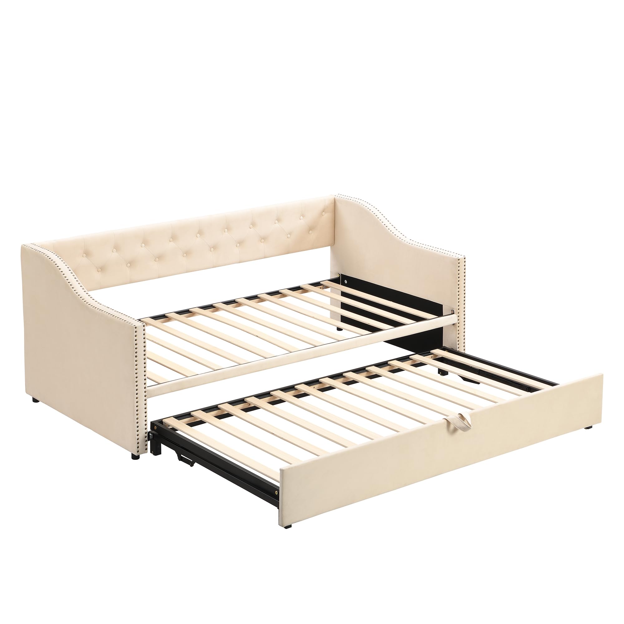 Twin Size Upholstered Daybed with Pop Up Trundle, Twin to King Size Day Bed, Trundle Can Be Flat Or Erected, Extendable Daybed Frame for Kids Teens (Beige-DB)