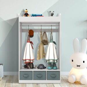 Shyneer Dress Up Storage with Mirror, Girls Armoire with Non-Woven Drawers, Open Costume Closet with Hanging Rack (White)