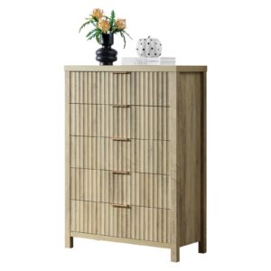 5 drawers dresser for bedroom, 44 inches tall modern bedroom dressers, chest of drawers for bedroom, fluted dresser for closet organizer for living room, hallway, entryway (sunwashed ash oak)