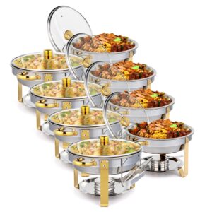 rovsun 5qt 8 packs chafing dish buffet set gold accent, round nsf stainless steel buffet warmer chafers and buffet warmers sets with glass lid & lid holder for catering events parties weddings dinners