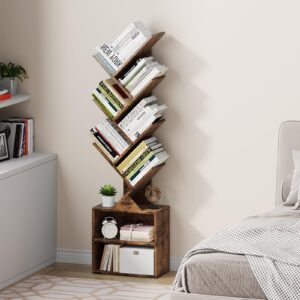 Vagusicc 6 Tier Tree Bookshelf, Modern Floor Standing Bookcase with Storage Drawer, Space Saving Storage Organizer Book Shelves for Books, Tall Wood Storage Rack for Bedroom/Living Room/Home Office