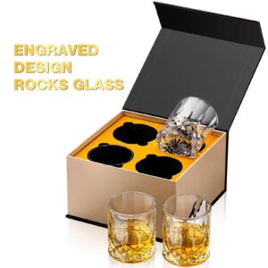 Hlukana Old Fashioned Whiskey Glasses Set of 4, 11 OZ Cocktail Glasses with Luxury Box, Bourbon Cocktail Rocks Scotch Glasses, Barware for Scotch Cocktail Rum Vodka Liquor, Gifts for Men