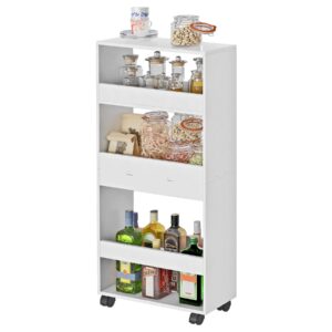 pobomuli slim storage cart, 4-tier kitchen rolling cart narrow mobile utility organizer for bathroom livng room laundry room small spaces, white