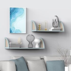 PJCOLL Floating Shelves for Wall,Rattan Wall Mounted Shelves for Wall Decor,Sturdy Wood Bathroom Shelves for Kitchen,Bedroom,Living Room,24.8 * 7.68 inch,Set of 2,Blue