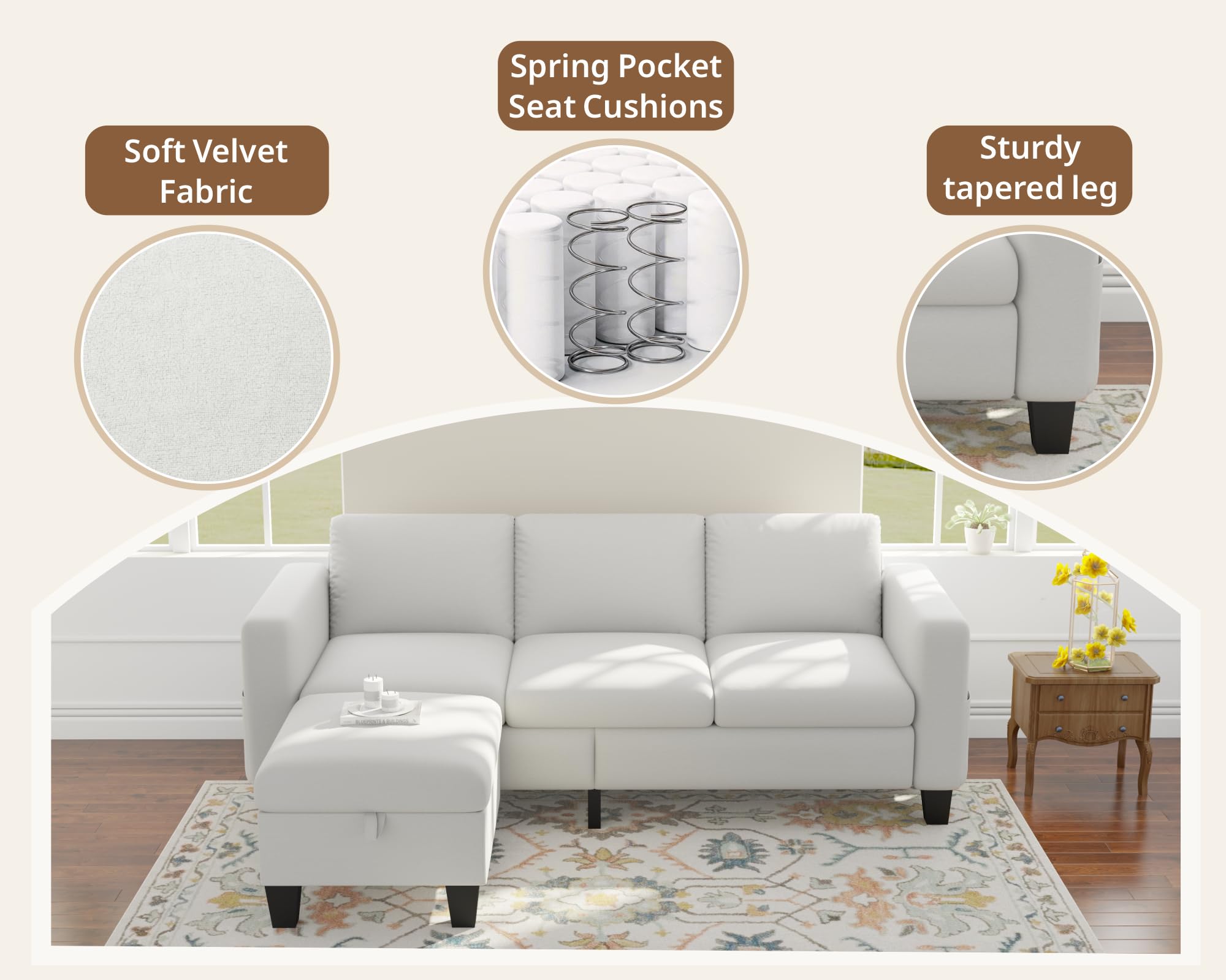 Woyomeub Sectional Sofa Couches for Living Room 78" L Shaped Sofas with Storage Ottoman Small 3 Seater Couch Velvet Fabric, Beige