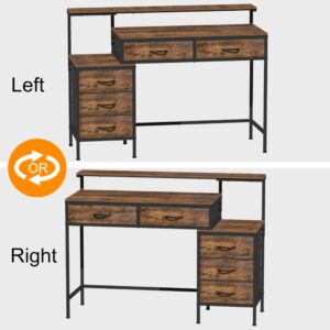 VENNQD Computer Desk with Reversible Drawer Cabinet Printer Stand, Ergonomic Office Desk with Monitor Stand, Home Office Desks with Storage Fabric File Drawers for Writing, Gaming, Studing (Brown)