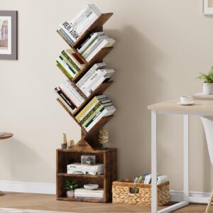 Vagusicc 6 Tier Tree Bookshelf, Modern Floor Standing Bookcase with Storage Drawer, Space Saving Storage Organizer Book Shelves for Books, Tall Wood Storage Rack for Bedroom/Living Room/Home Office