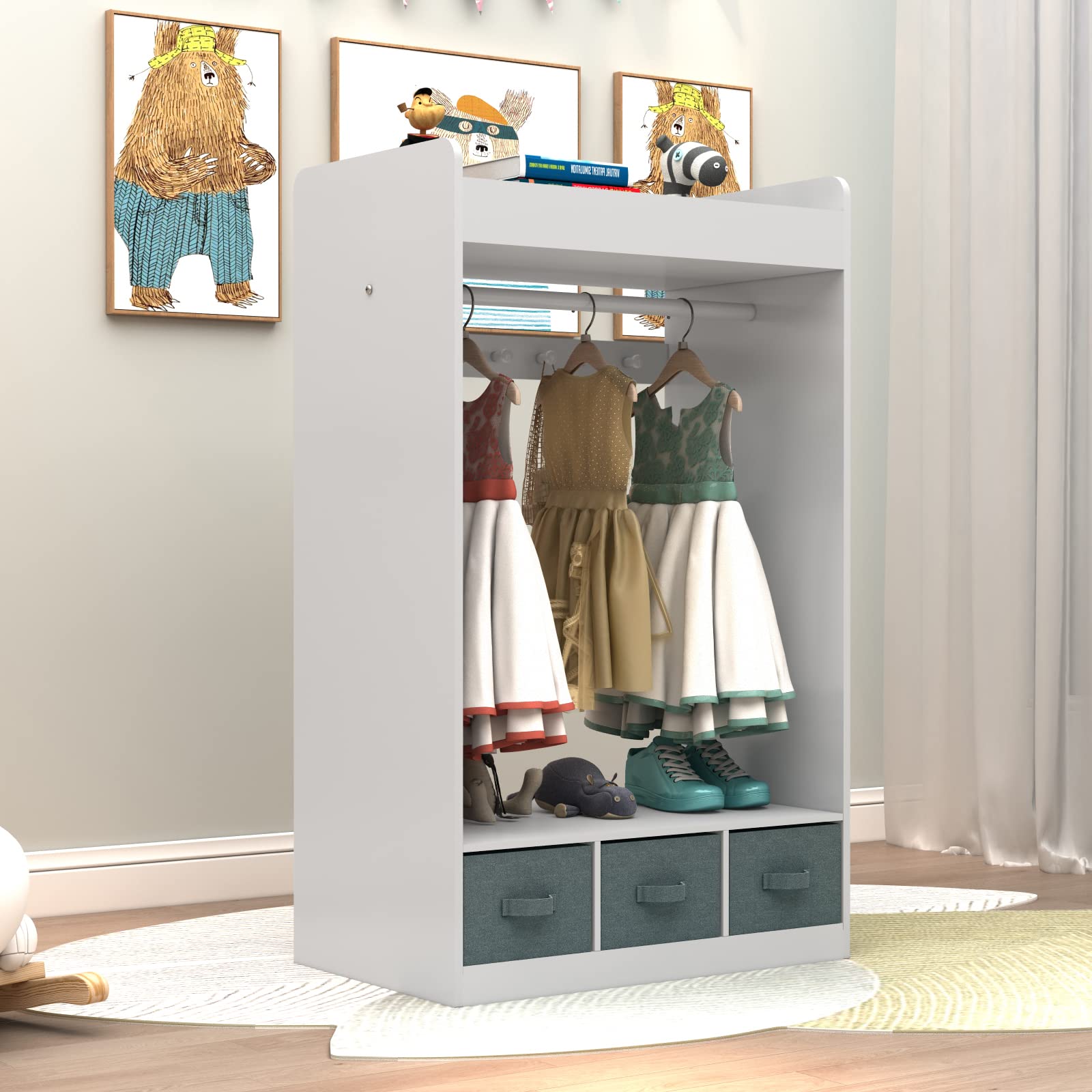 Shyneer Dress Up Storage with Mirror, Girls Armoire with Non-Woven Drawers, Open Costume Closet with Hanging Rack (White)