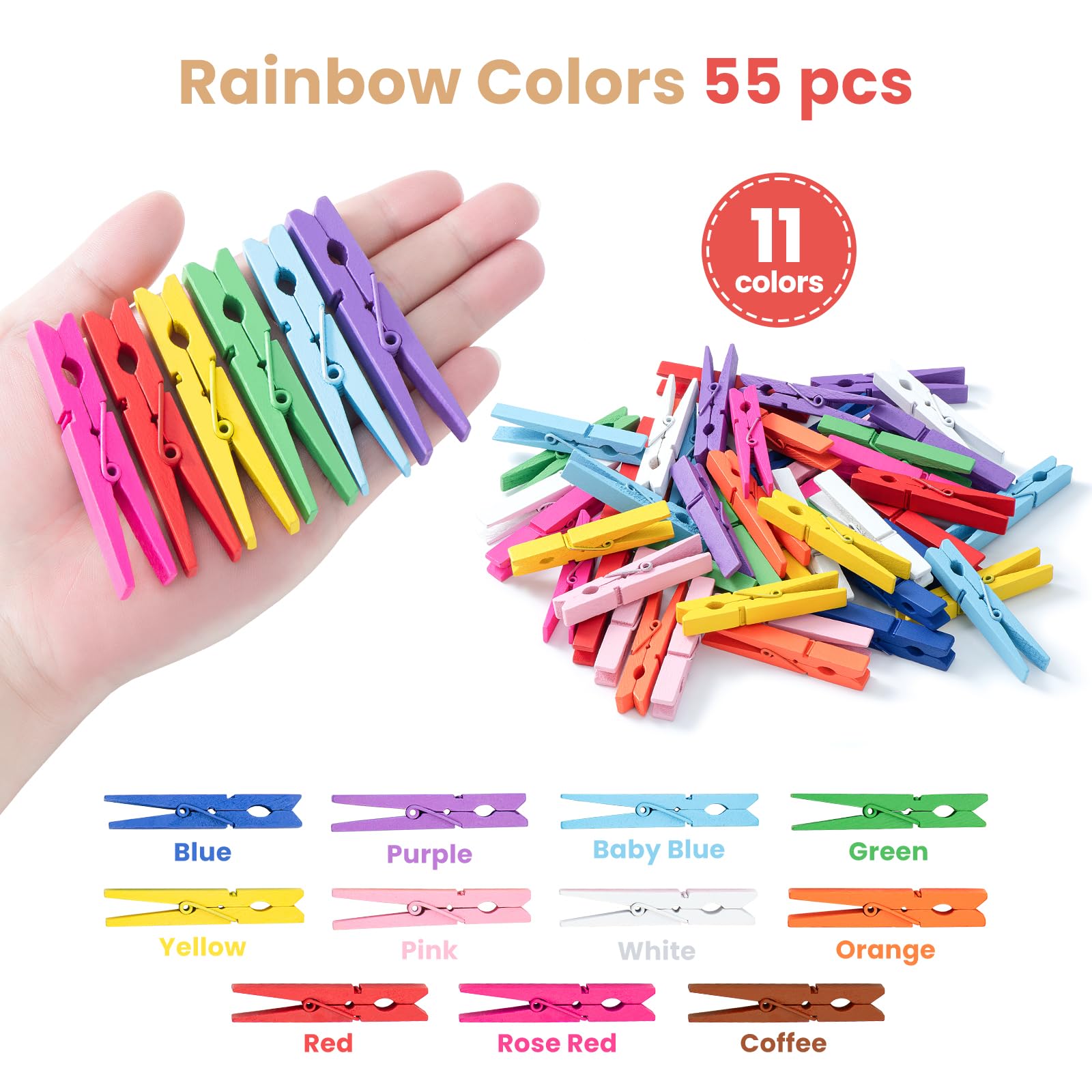 MiniTeasure 55pcs Clothespins, 2.9'' Heavy Duty Colored Wooden Clothes Pins, Multi-Purpose Colorful Clothing Pins, Wood Clips for Arts & Crafts Pictures Classroom Photos, Rust Resistant, Laundry