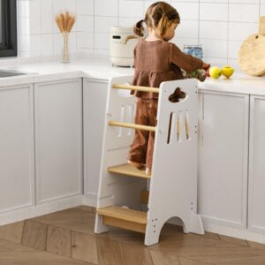 xjd toddler standing tower adjustable height thickened toddler wooden kitchen stool helper - ideal kids kitchen step stool for learning new skills safety feet (nature)