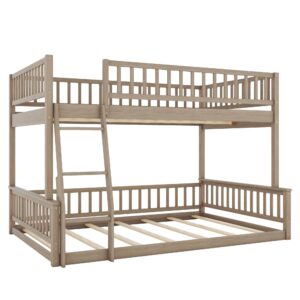 ATY Full XL Over Queen Bunk Bed, Convertible Wooden Bedframe with Ladder and Guardrails, Can Bed Seperated into 2Beds, for Kids Bedroom, Dorm, No Spring Needed, 84.7" L x 63.7" W x 58.3" H,Natural