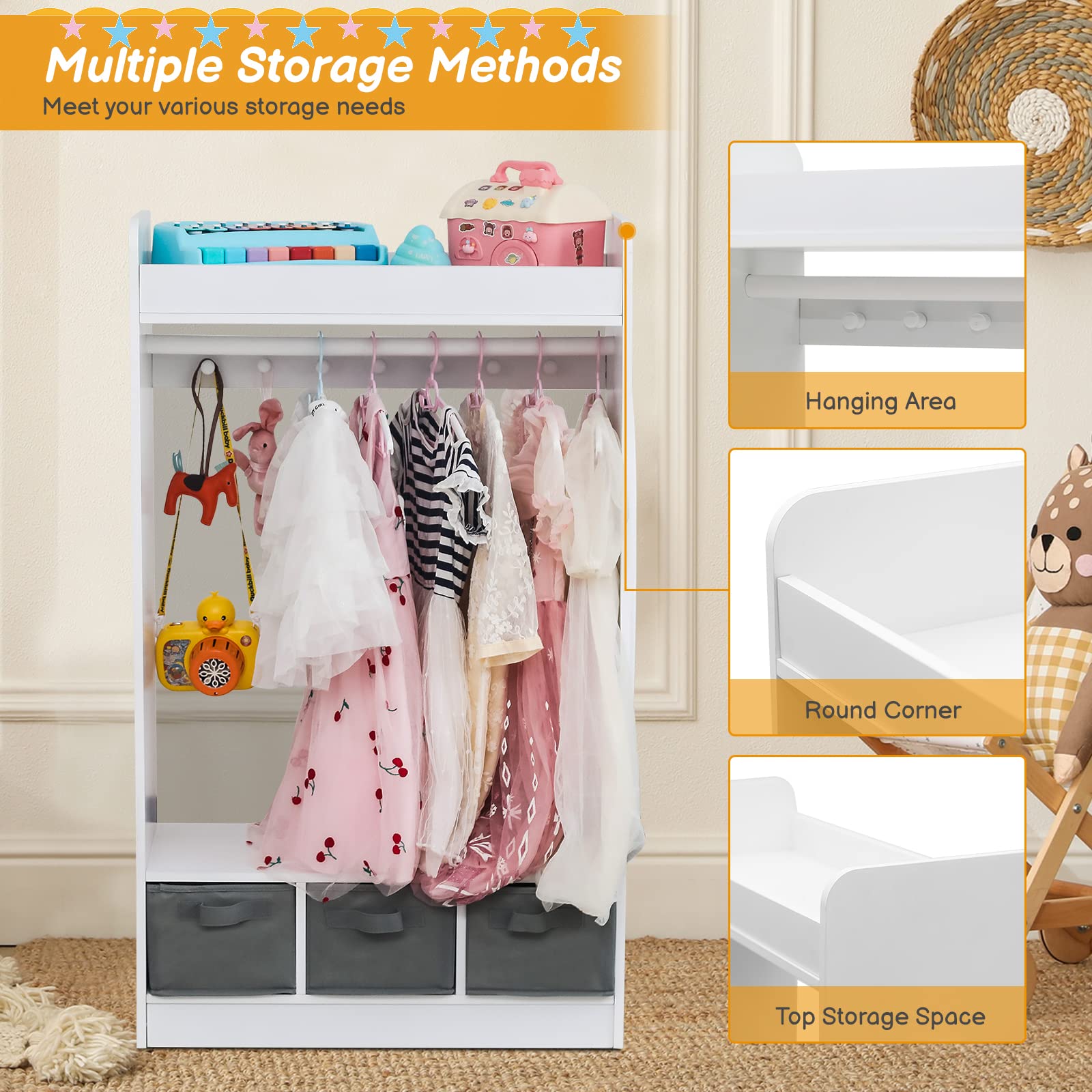 Shyneer Dress Up Storage with Mirror, Girls Armoire with Non-Woven Drawers, Open Costume Closet with Hanging Rack (White)