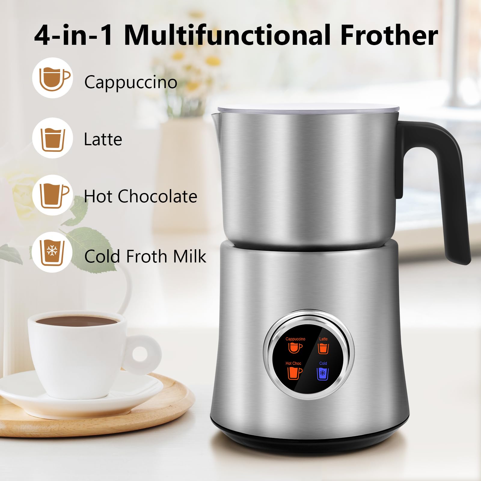 Milk Frother and Steamer, 4-in-1 Detachable Milk Frother, Automatic Hot & Cold Foam Maker and Milk Warmer, 17 oz/500 ml, Knob Control, Dishwasher Safe for Latte, Cappuccino, Hot Chocolate