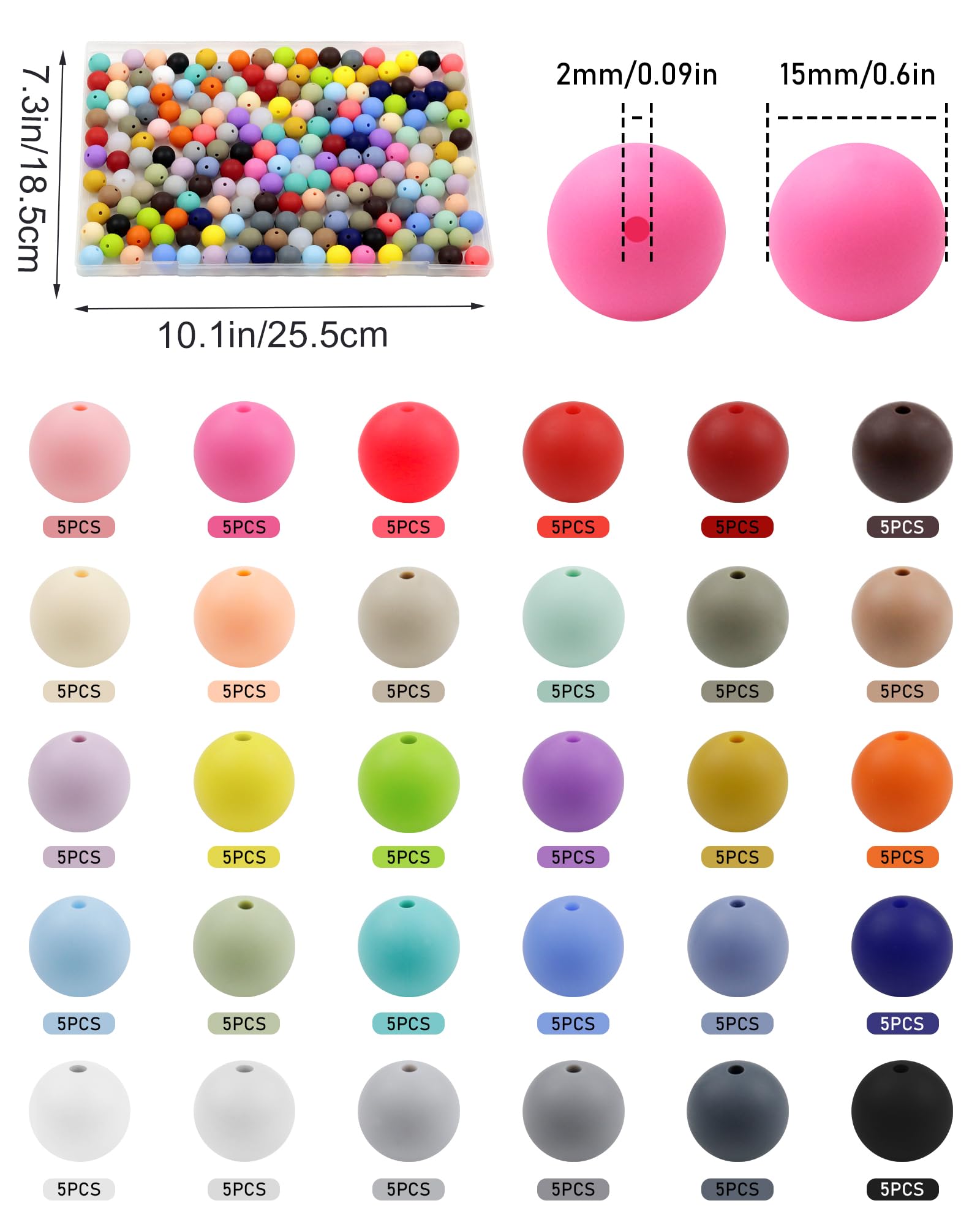 150PCS FIVEIZERO Silicone Beads, 30 Colors 15mm Silicone Beads Bulk for Keychain Making,Focal Beads Rubber Round Bulk Beads Mixed Color Silicone Beads for DIY Crafts Making