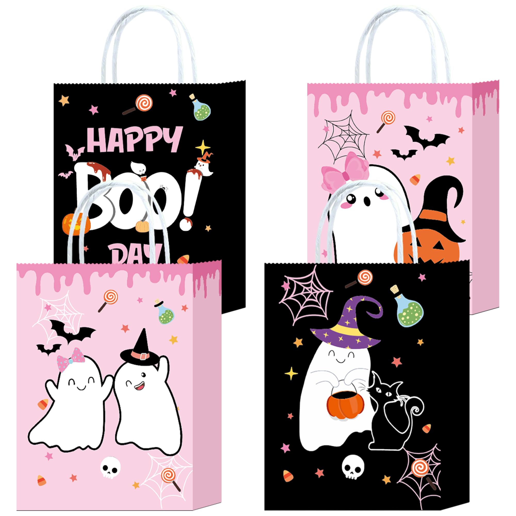 Keioy Halloween Paper Gift Bags 24 Pack, Halloween Themed Treat Bags with 4 Unique Designs (6 Pcs Each) for Happy Boo Day, Pumpkin Gifts, Ghost Party Favors, Perfect Halloween Goody Bags for Parties