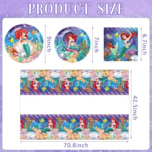 61 PCS PCS Mermaid Birthday Party Supplies, Princess Ariel Tableware Set Includes 40 PCS Plates, 20 PCS Napkins, 1 Tablecloth, for Boys Girls Birthday Party Baby Shower Decorations